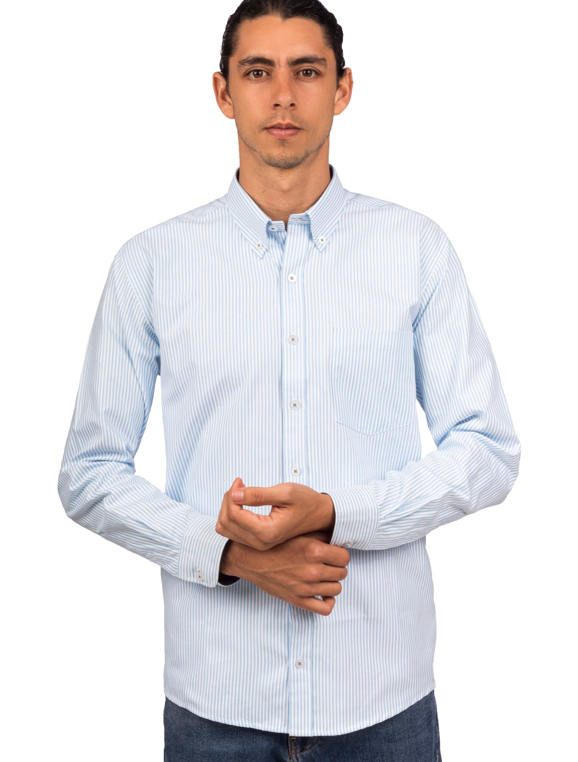 Camisa Oxford Manga Larga Regular Fit Rayas Azul Celeste – Louis Barton